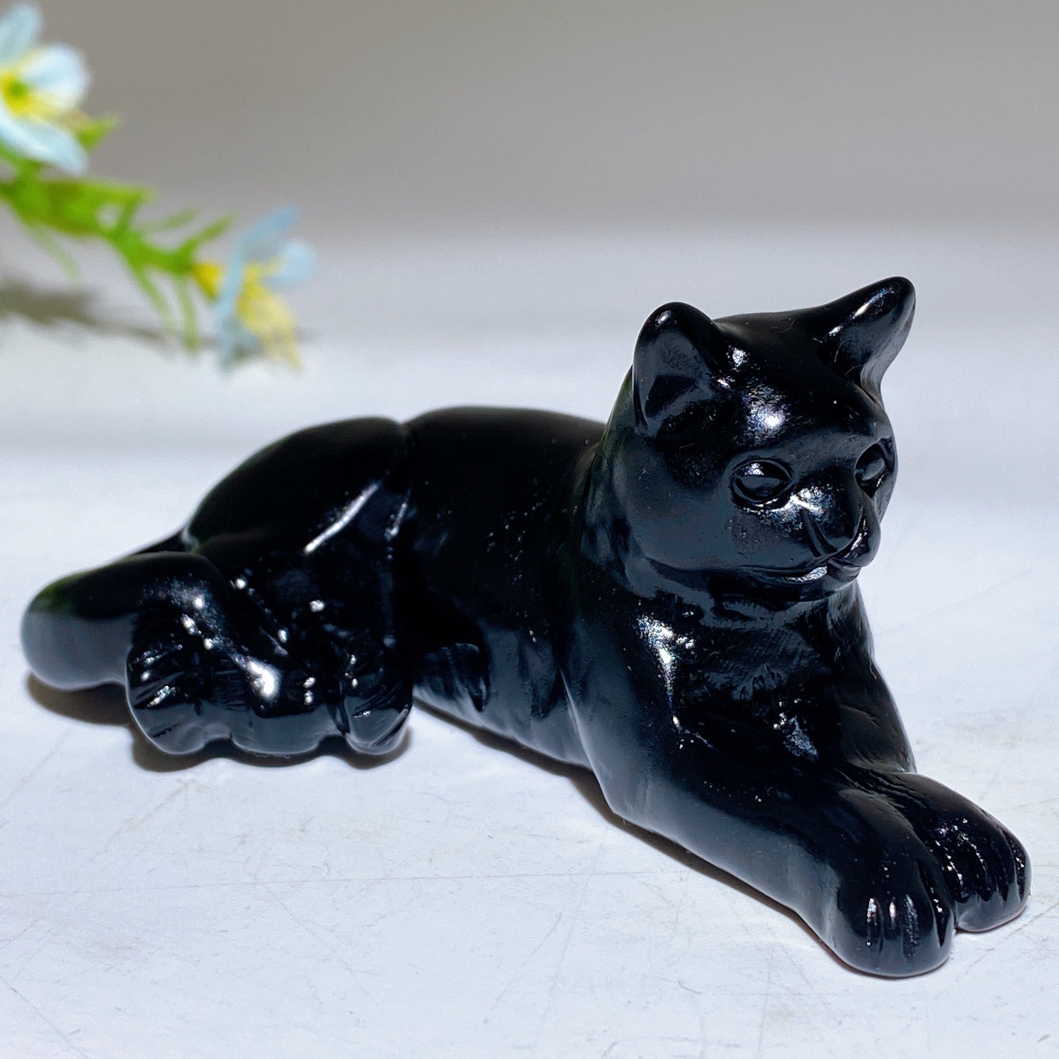 3 inch Black Obsidian Crystal Cat Carving | Healing Sounds