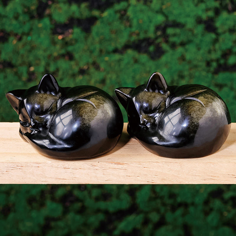 Gold Sheen Obsidian Sleeping Cat Statue | Healing Sounds