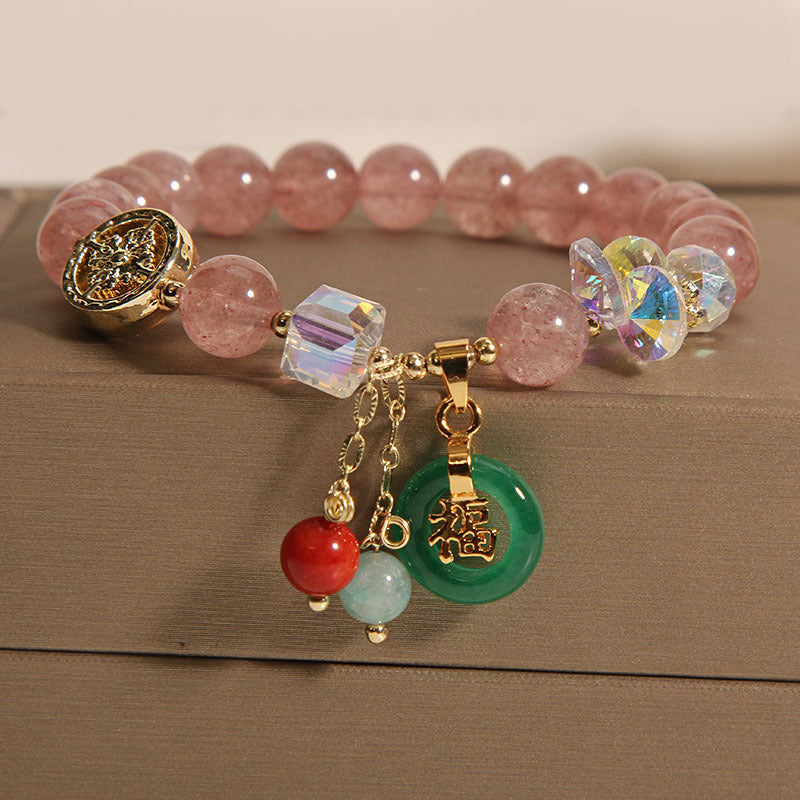 8mm Strawberry Quartz Jade Fu Blessing Bracelet | Healing Sounds