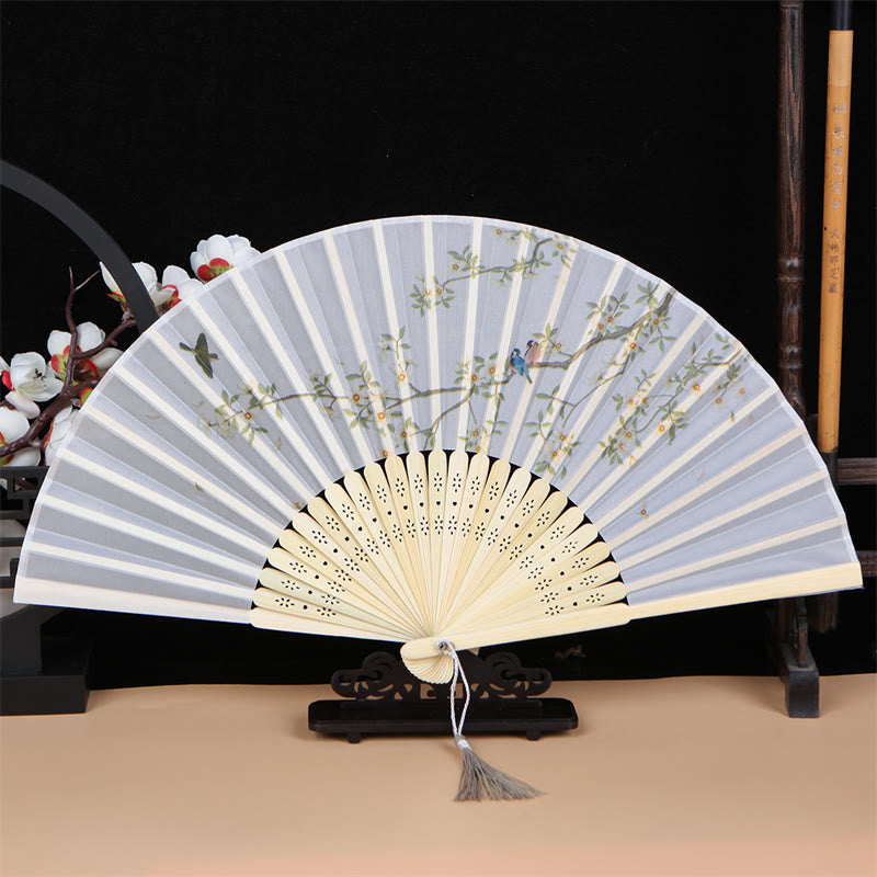Classic Bamboo Folding Fan with Birds Singing Flowers | Healing Sounds