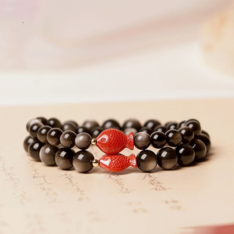 8mm Silver Sheen Obsidian Koi Fish Bracelet | Healing Sounds